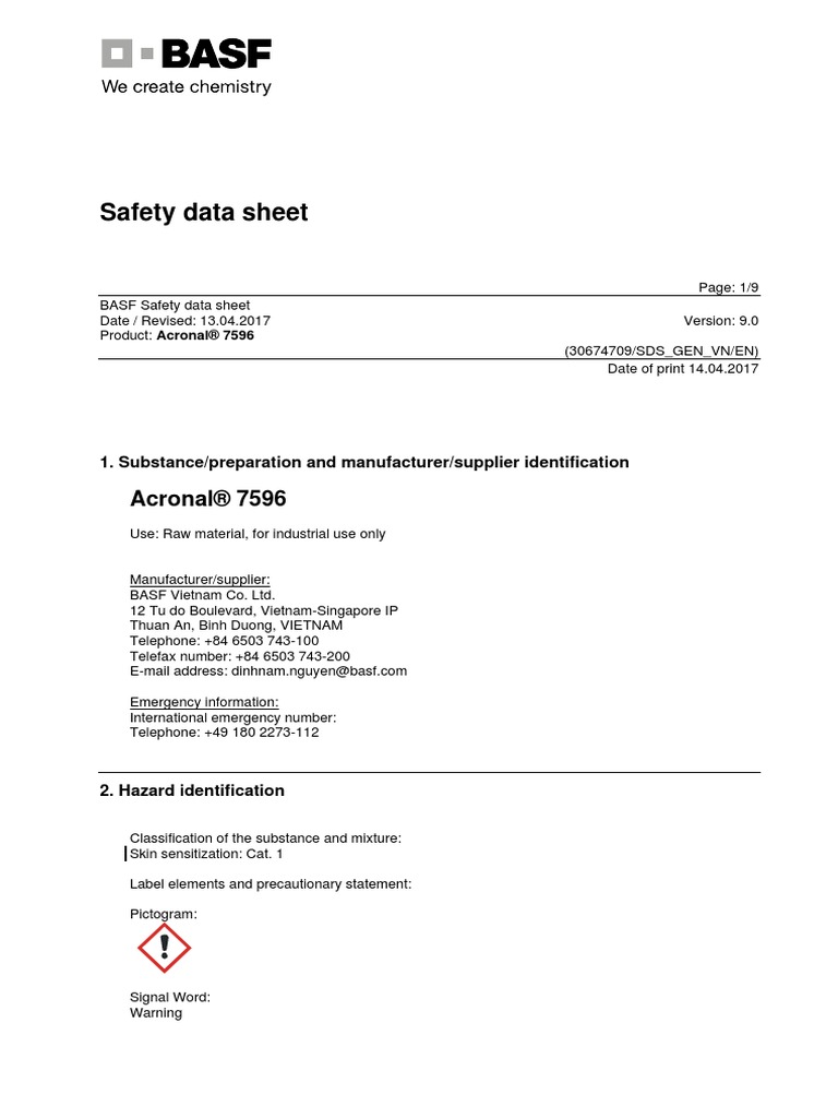 Acronal 7596 - MSDS | Download Free PDF | Toxicity | Water