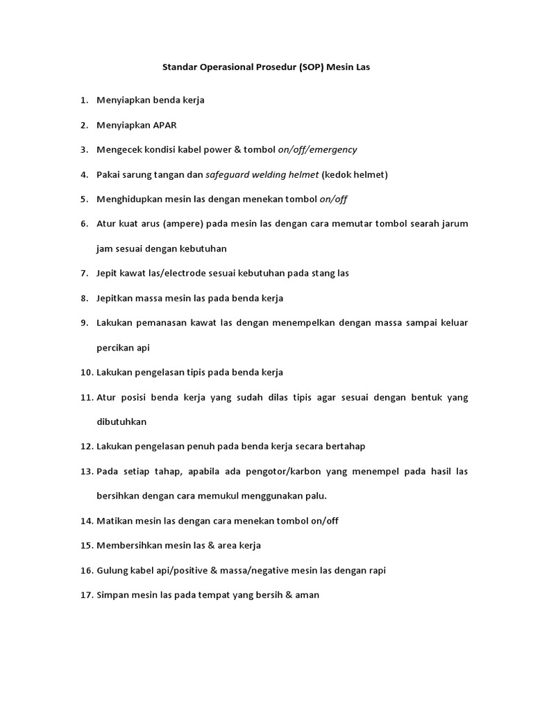 Standar Operasional Prosedur SOP Mesin Las | PDF