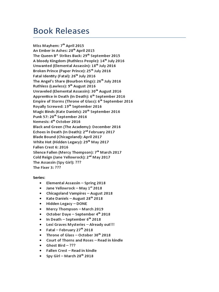 Upcoming Book Release Dates 2015-2019 | PDF