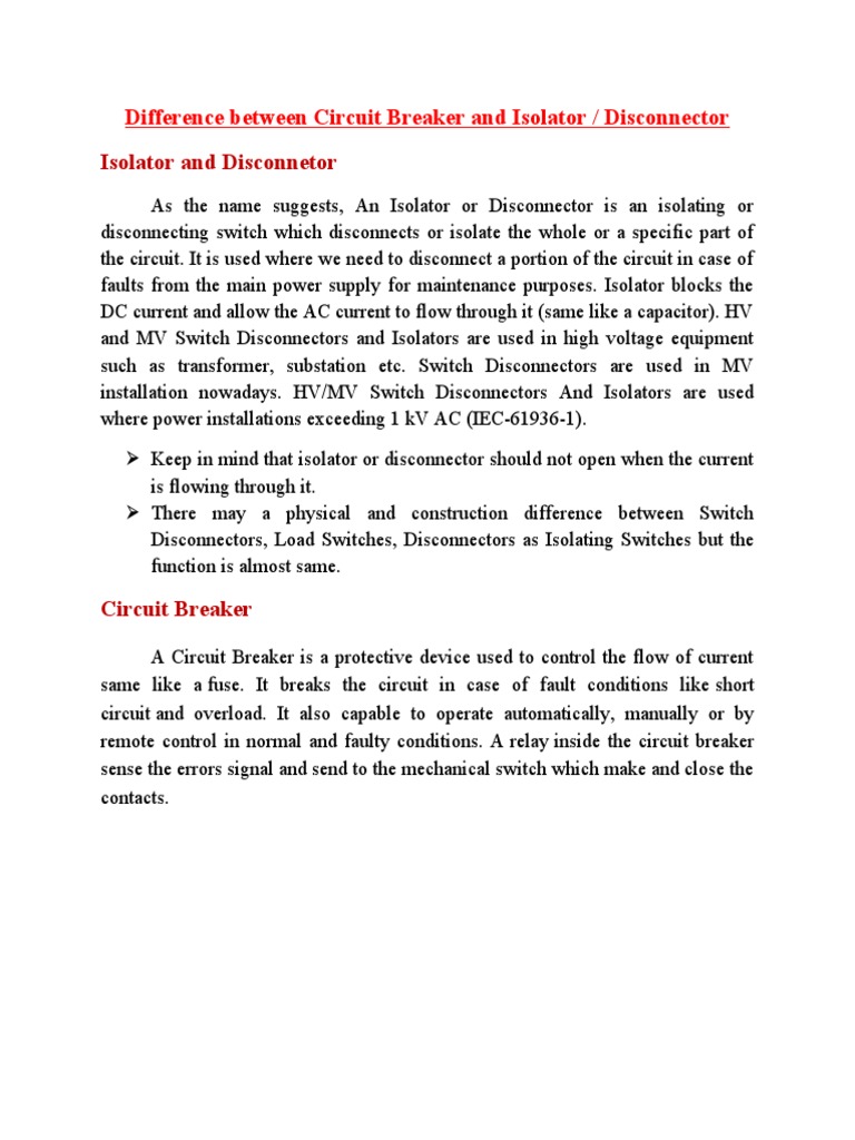 Difference Between Circuit Breaker and Isolator | PDF | Switch | Power ...