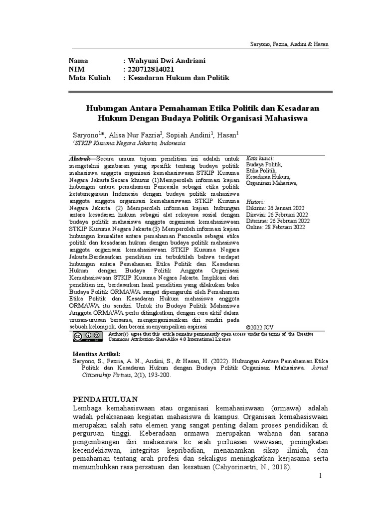 Wahyuni Dwi Andriani Review Artikel Kesadaran Hukum Dan Politik | PDF