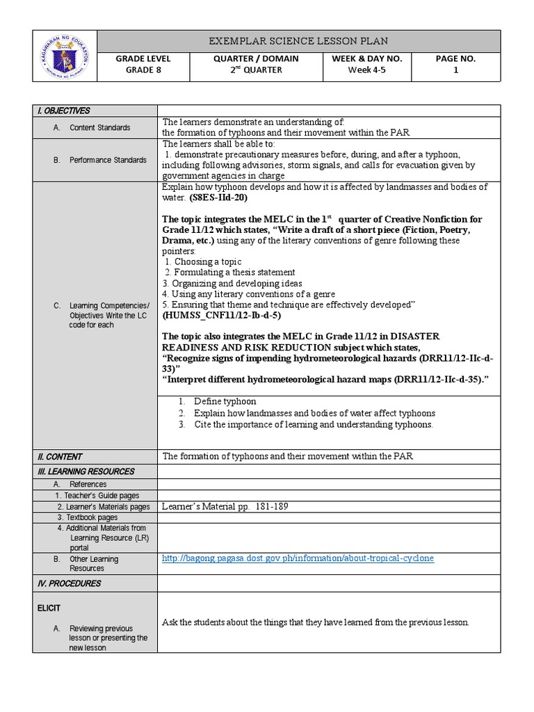 A Lesson Plan On Typhoon | PDF | Lesson Plan | Learning