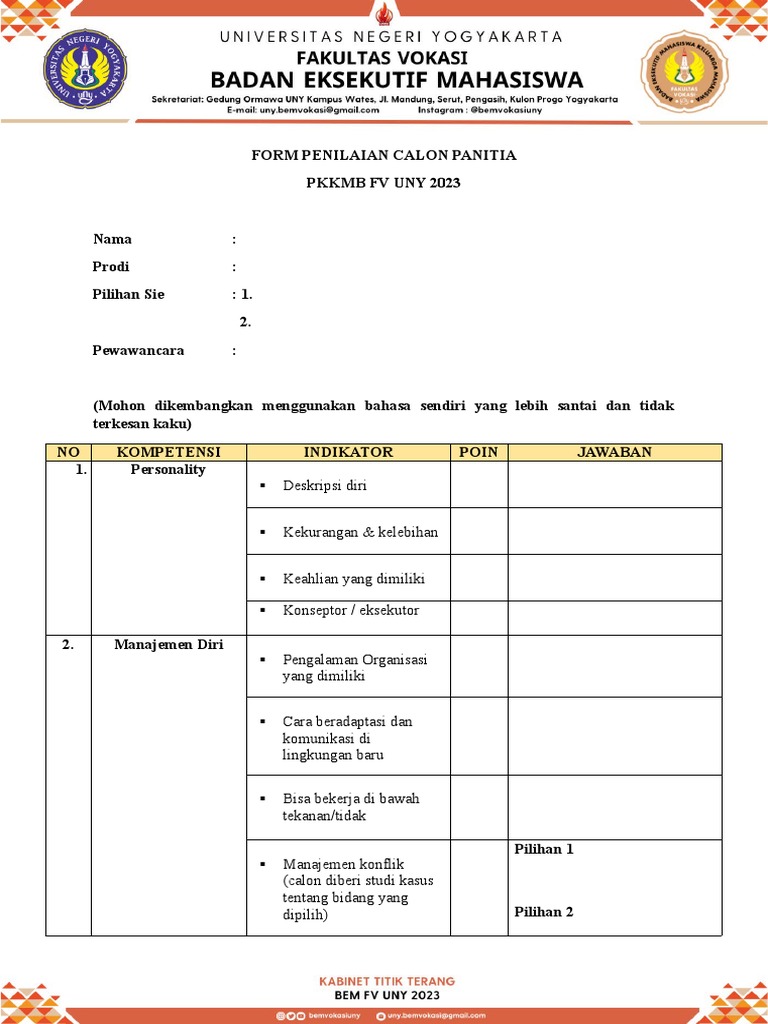 Form Penilaian Calon Panitia PKKMB FV 2023 | PDF