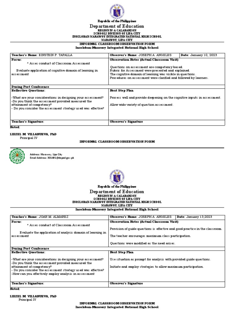 JANUARY AP-ESP-IS Form 3 - INFORMAL CLASSROOM OBSERVATION FORM | PDF ...