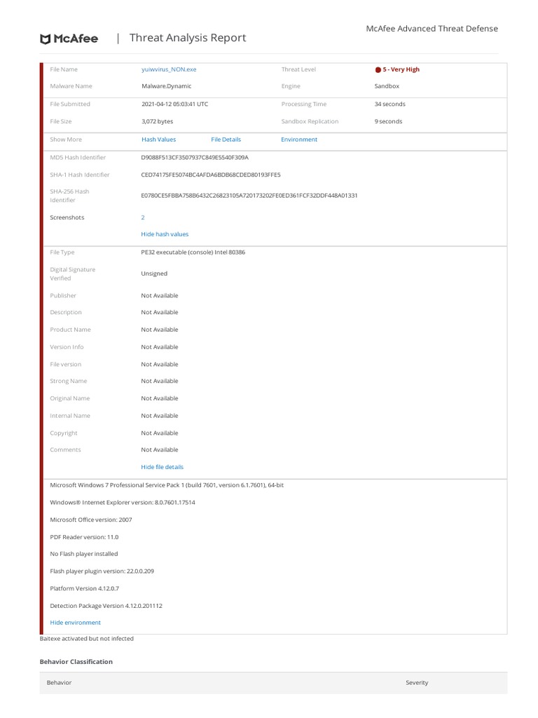 Threat Analysis Report: Hash Values File Details Environment | Download Free PDF | Malware ...