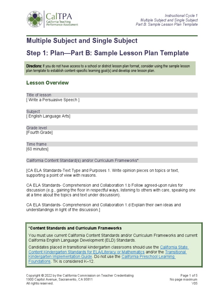 CAL TPA Step 1 Plan B Lesson Planning | PDF | Lesson Plan | Learning