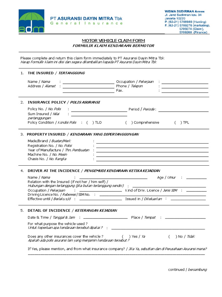 Motor Vehicle Claim Form | PDF