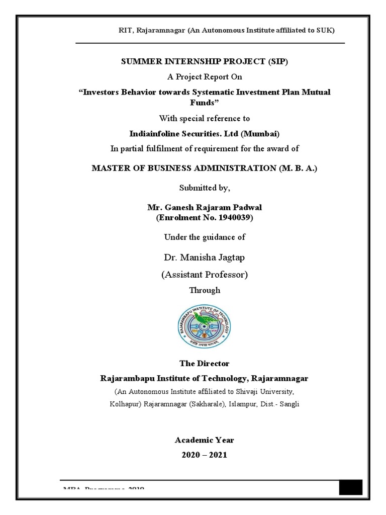 SIP Sample Project Report - For Reference Purpose Only | PDF | Investing | Investment Fund