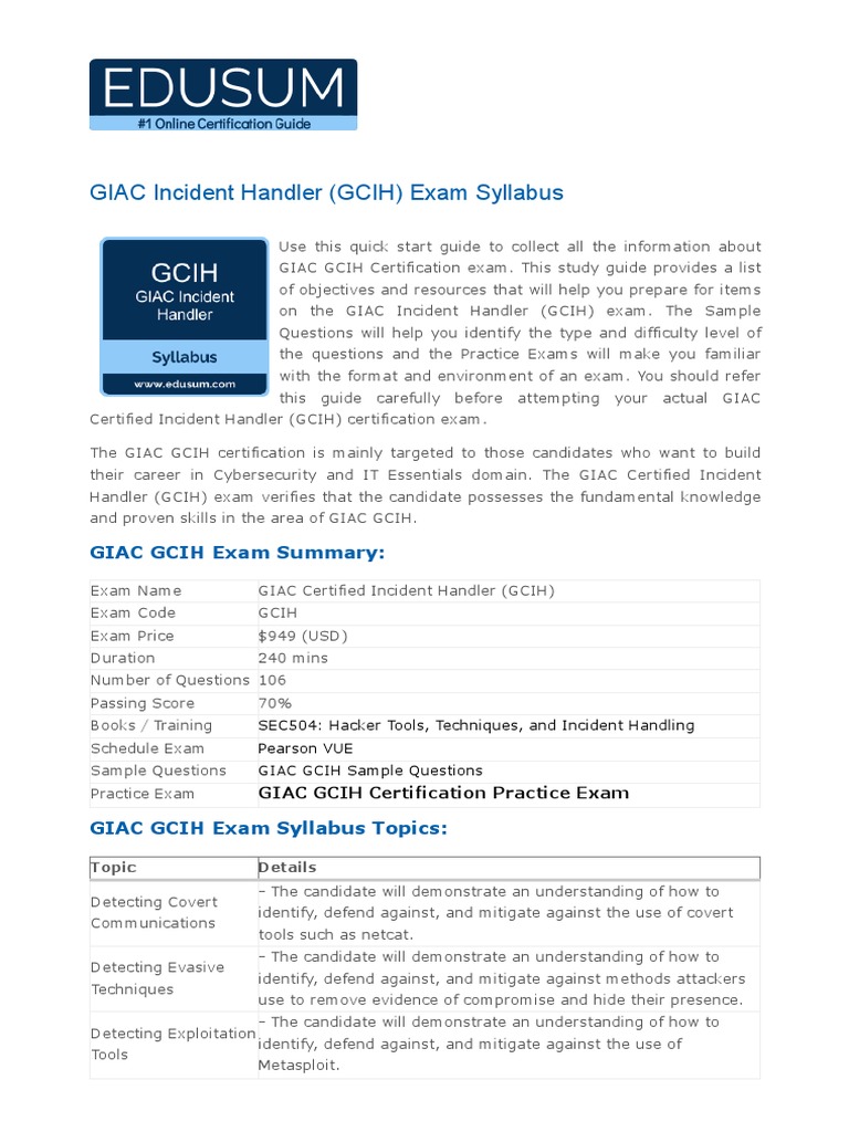 GIAC GCIH Certification Syllabus and Prep Guide - EDUSUM - EDUSUM | PDF | Computer Security ...