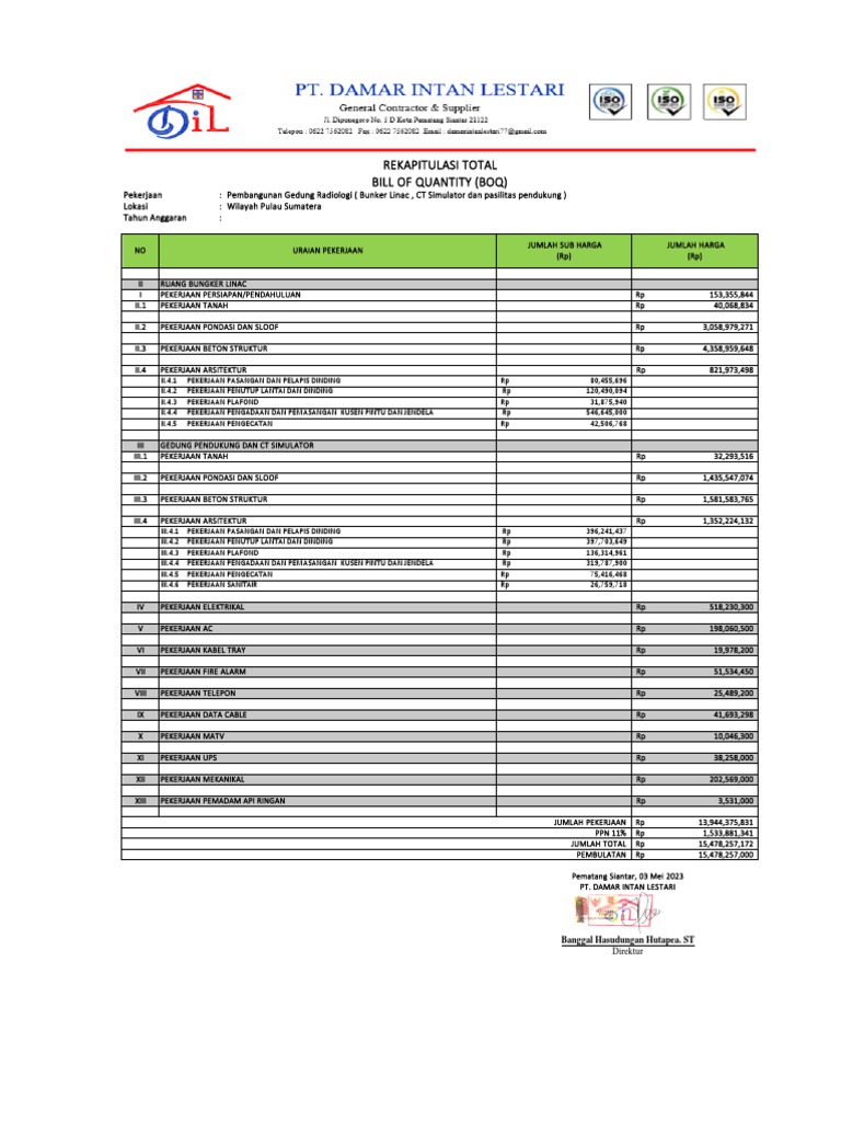 Boq Pembangunan Bunker Linac, CT Simulator & F. Pendukung | PDF