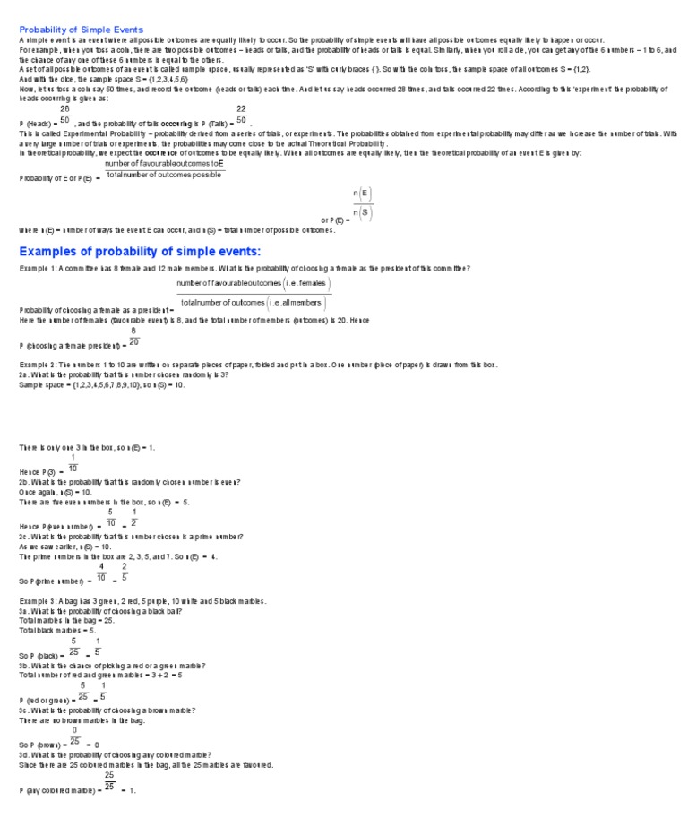 Probability Of Simple Events Pdf Probability Statistics