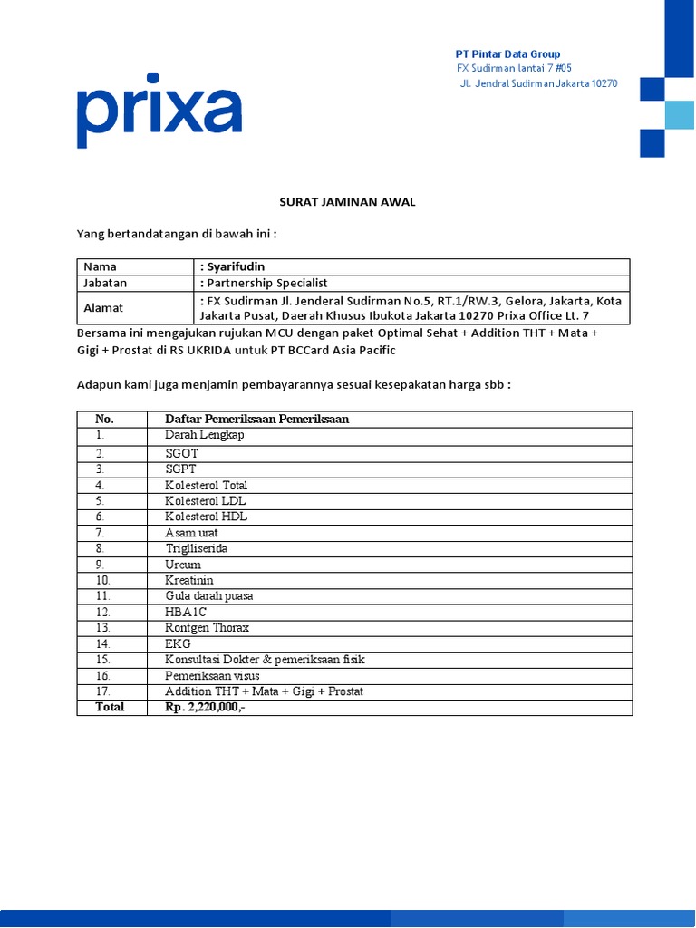 SURAT JAMINAN AWAL RS UKRIDA 03 NOVEMBER 2022 (Optimal Sehat+Addition THT+Mata+Gigi+Prostat) | PDF