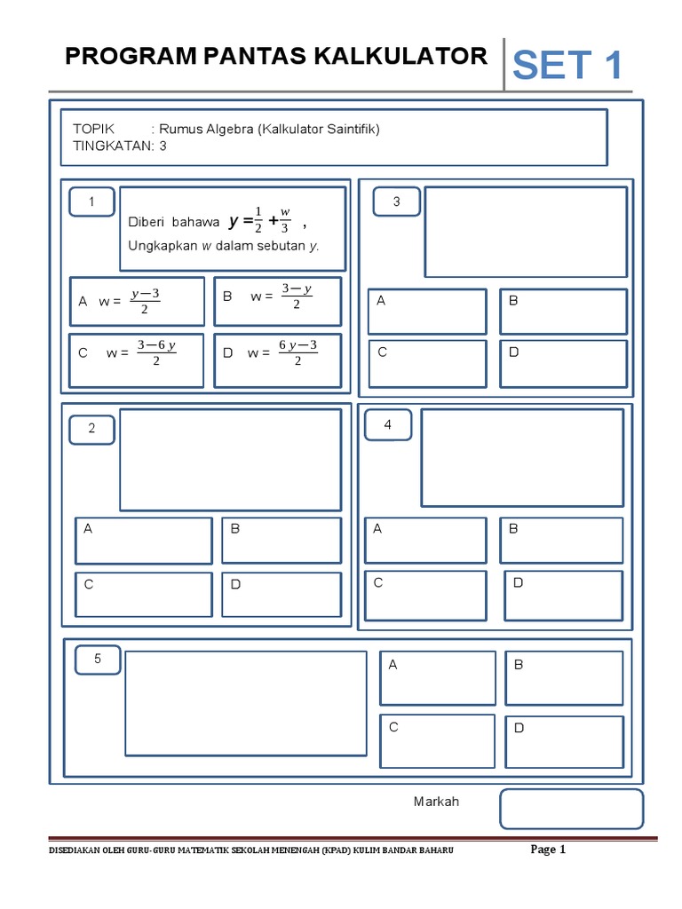 Form 3-Rumus Algebra SET 1 (Ungkapkan A Dalam Sebuatan B) | PDF
