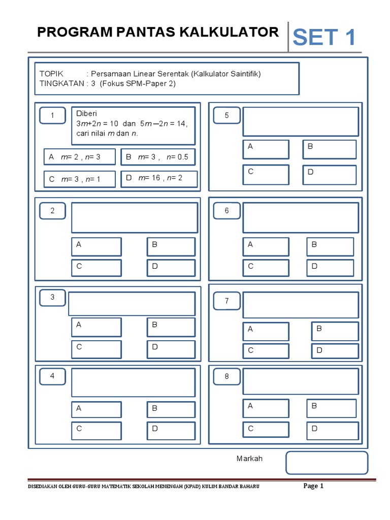Form 3-Persamaan Linear SET 1 (Cari Nilai M Dan N-Fokus Paper 2 SPM) | PDF