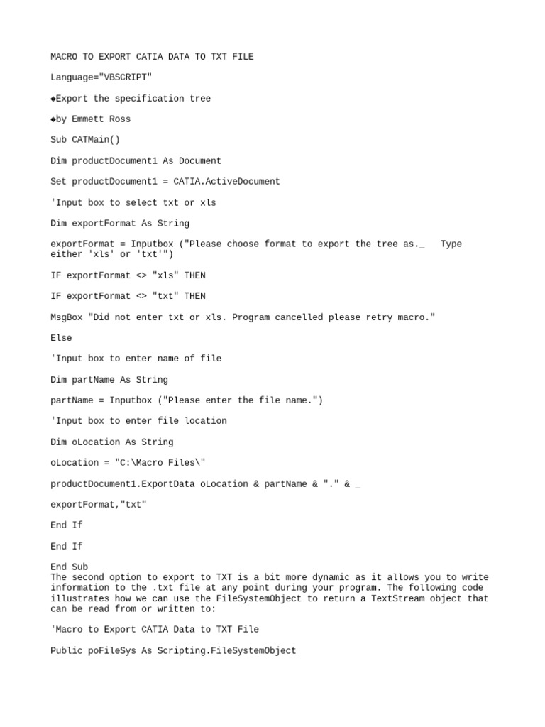 MACRO TO EXPORT CATIA DATA TO TXT FILE | PDF