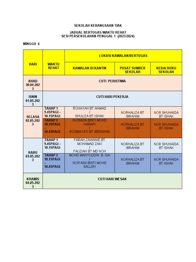 Jadual Waktu Rehat Sekolah 2023/2024 | PDF