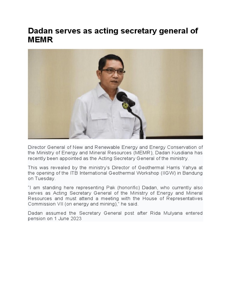 Dadan Serves As Acting Secretary General of MEMR | PDF