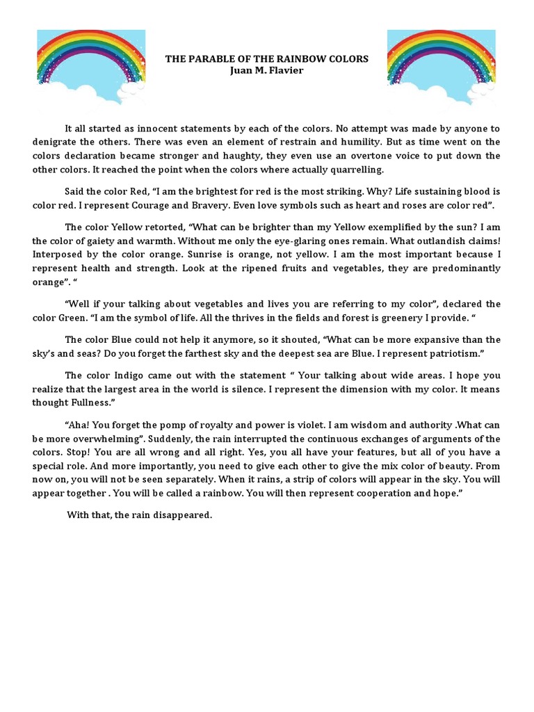 THE PARABLE OF THE RAINBOW COLORS Hand Outs | PDF