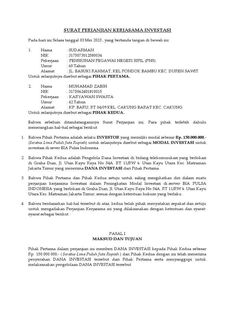 Surat-Perjanjian-Kerjasama-Investasi BIA | PDF