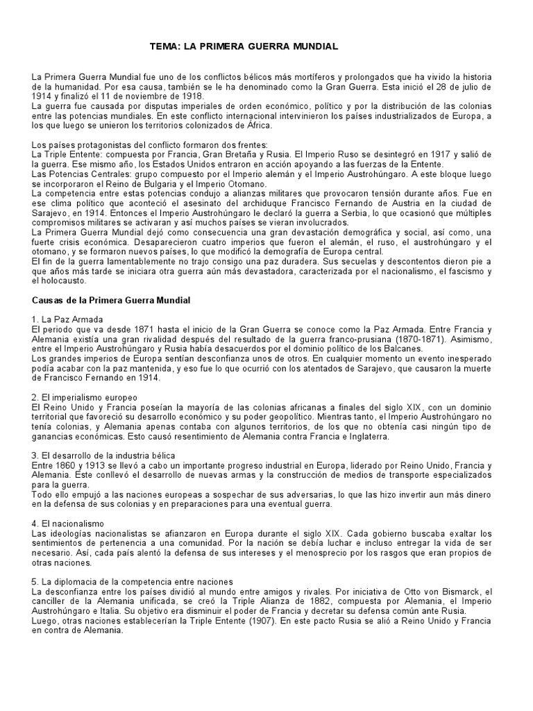 Causas y Desarrollo de la Primera Guerra Mundial | PDF | Primera Guerra ...
