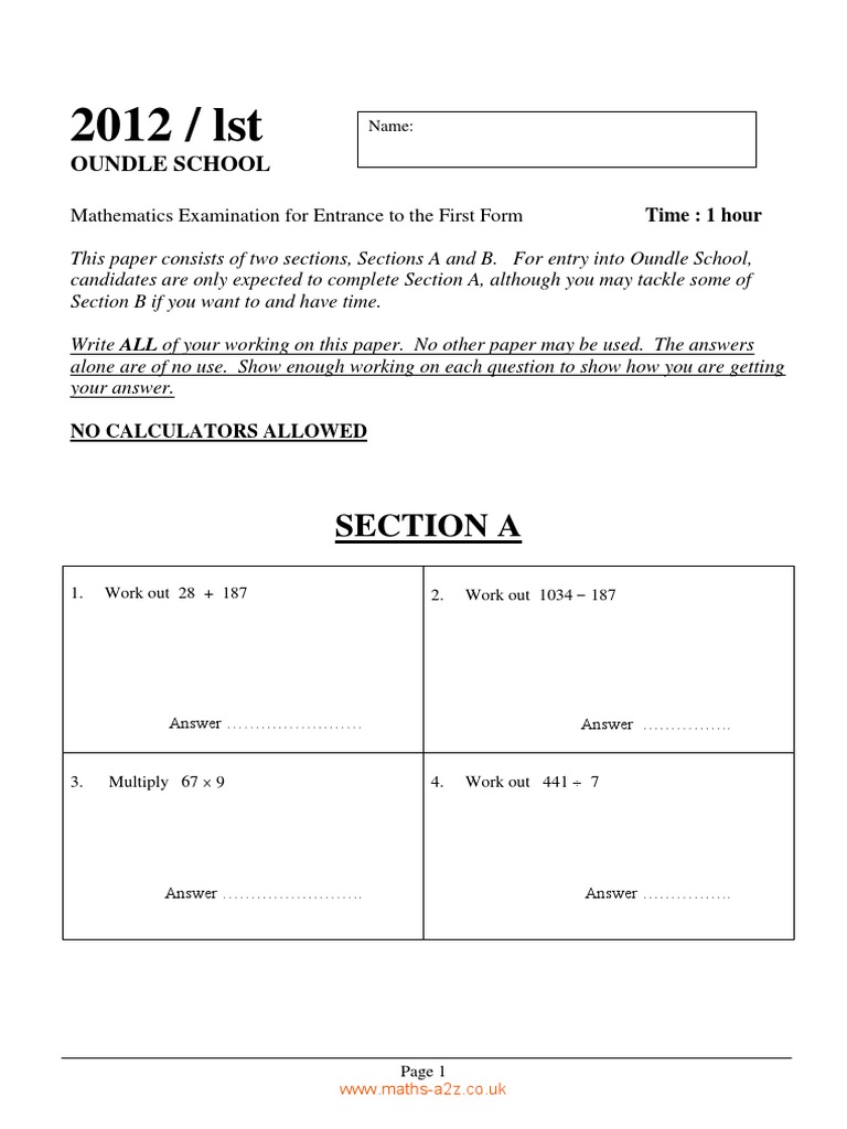 Oundle School 9 Plus Maths Practice Paper 2012 | PDF | Arithmetic ...