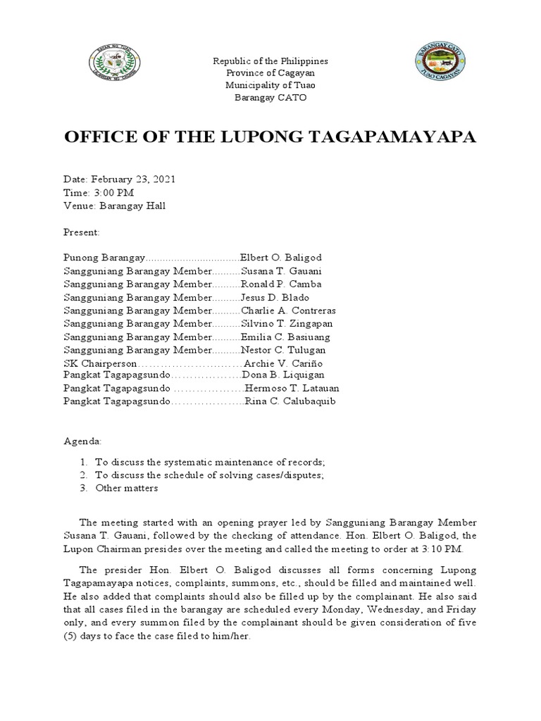 Office of The Lupong Tagapamayapa: Republic of The Philippines Province ...
