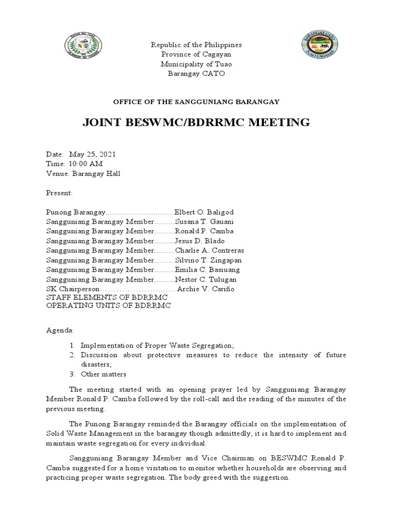 BESWMC/BDRRMC Meeting Minutes | PDF