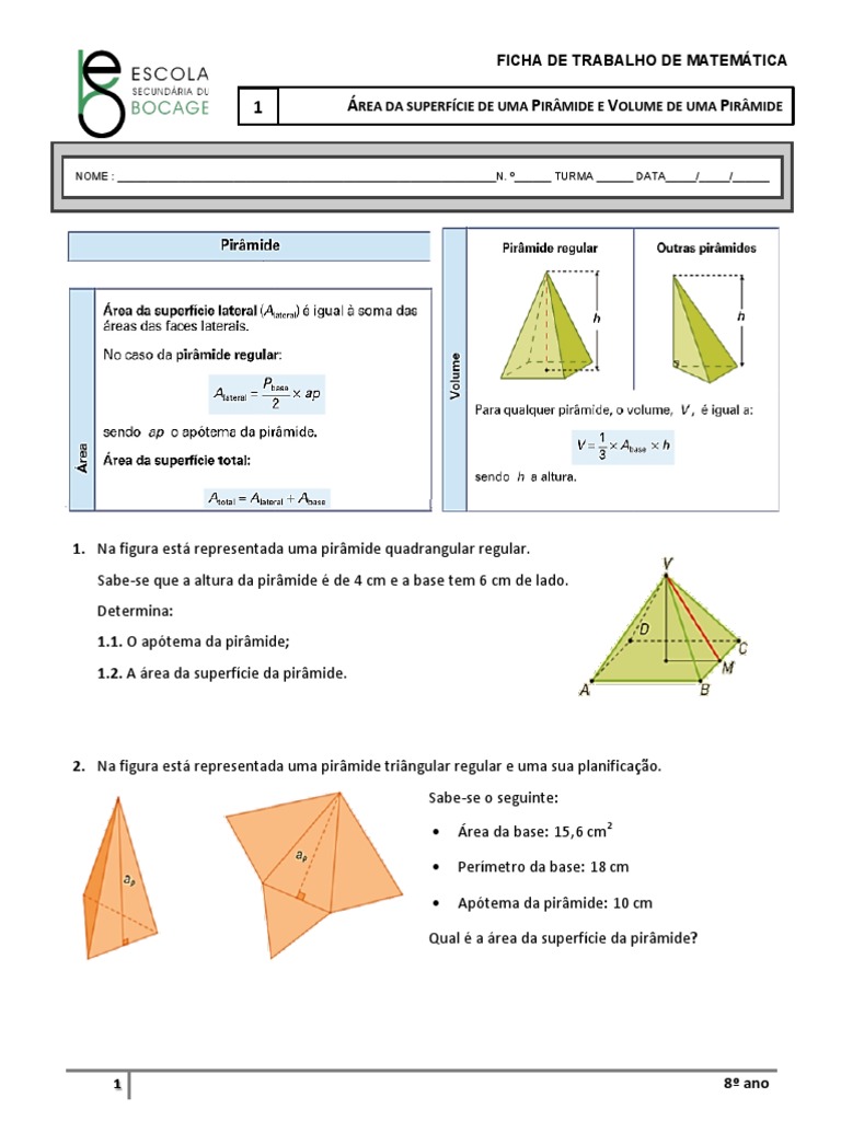 FT1 Volume e Àrea Da Superfície de Uma Pirâmide | PDF | Triângulo | Área