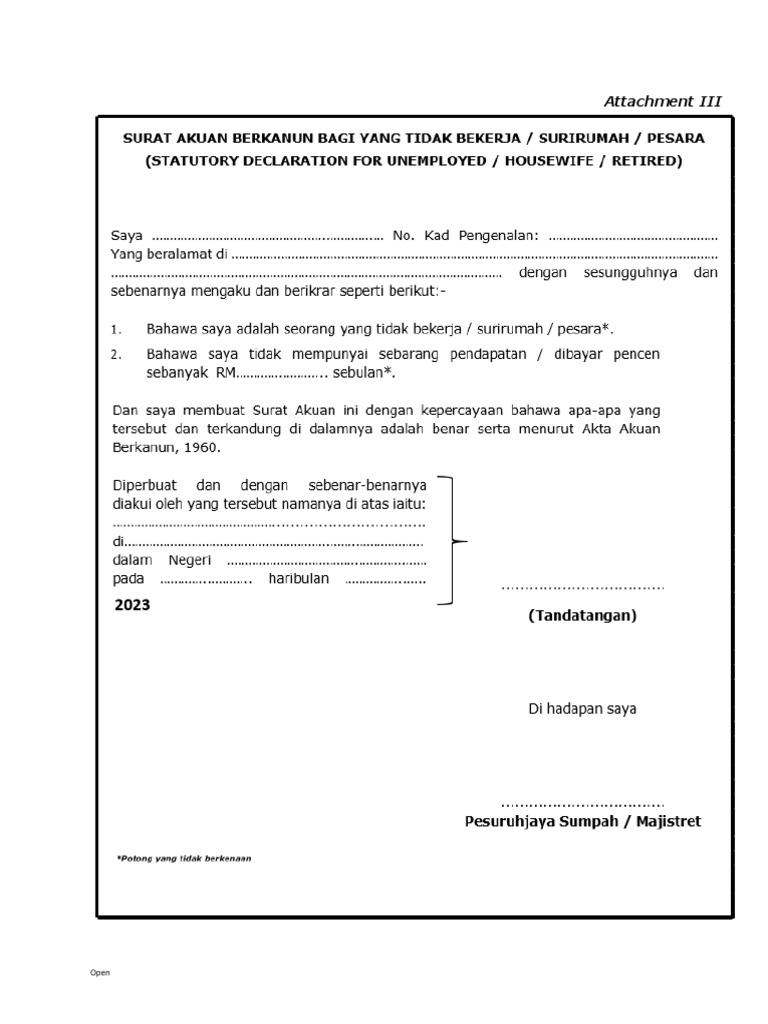 Attachment III - Statutory Declaration Unemployed-Housewife-Retired | PDF