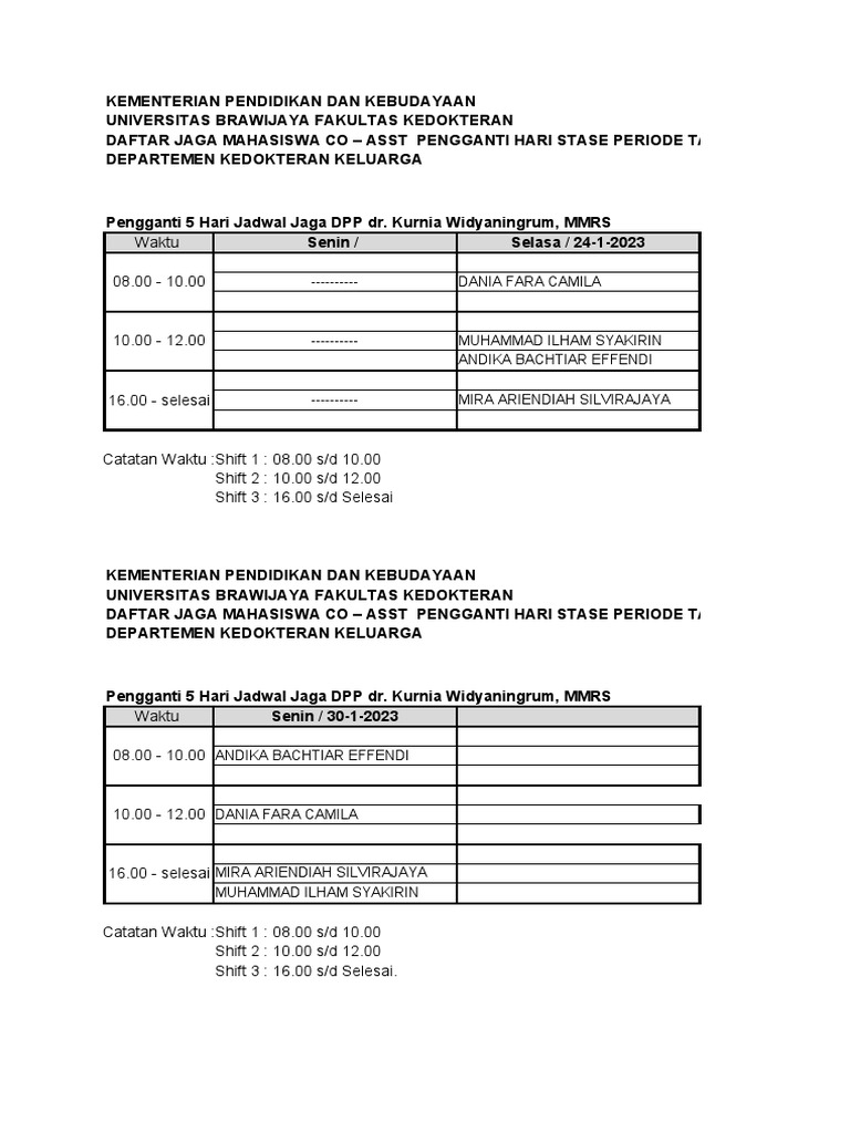 Jadwal Jaga Tgl 24 Sd 30 Januari 2023 DM Blended 2 Klinik Dr. Kurnia | PDF