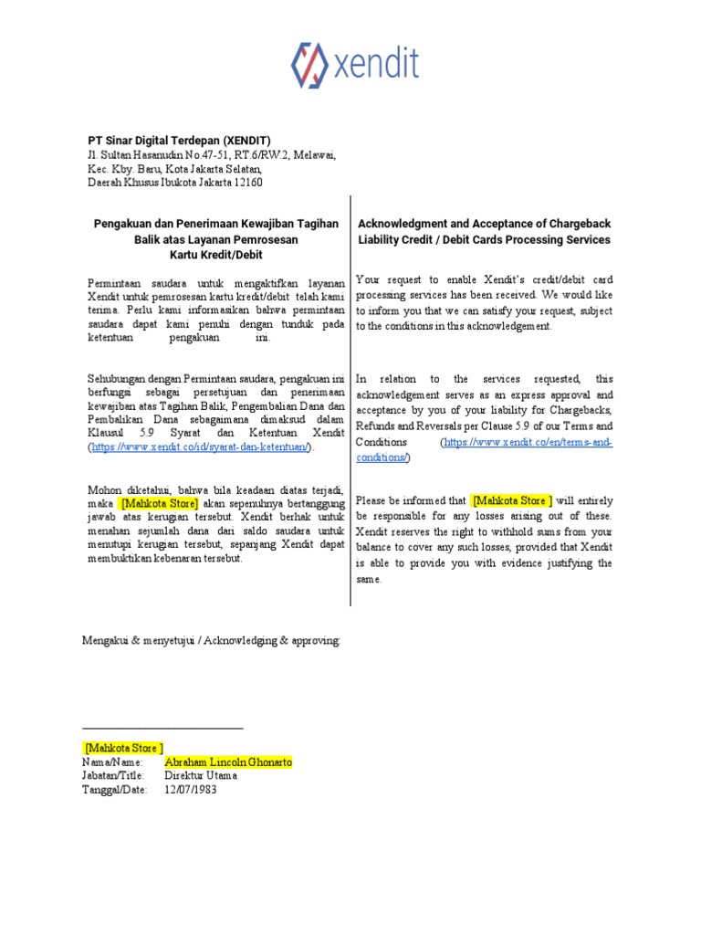 Chargeback Liability Acknowledgement | PDF