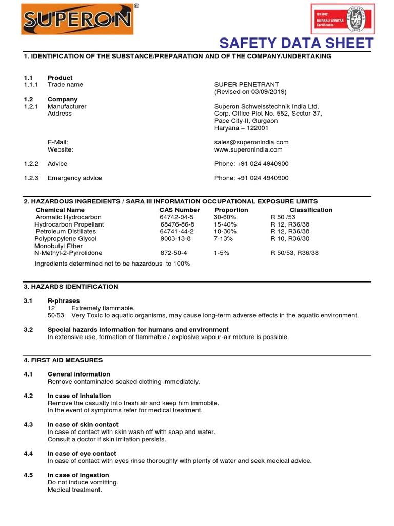 SDS Super Penetrant | PDF | Firefighting | Toxicity