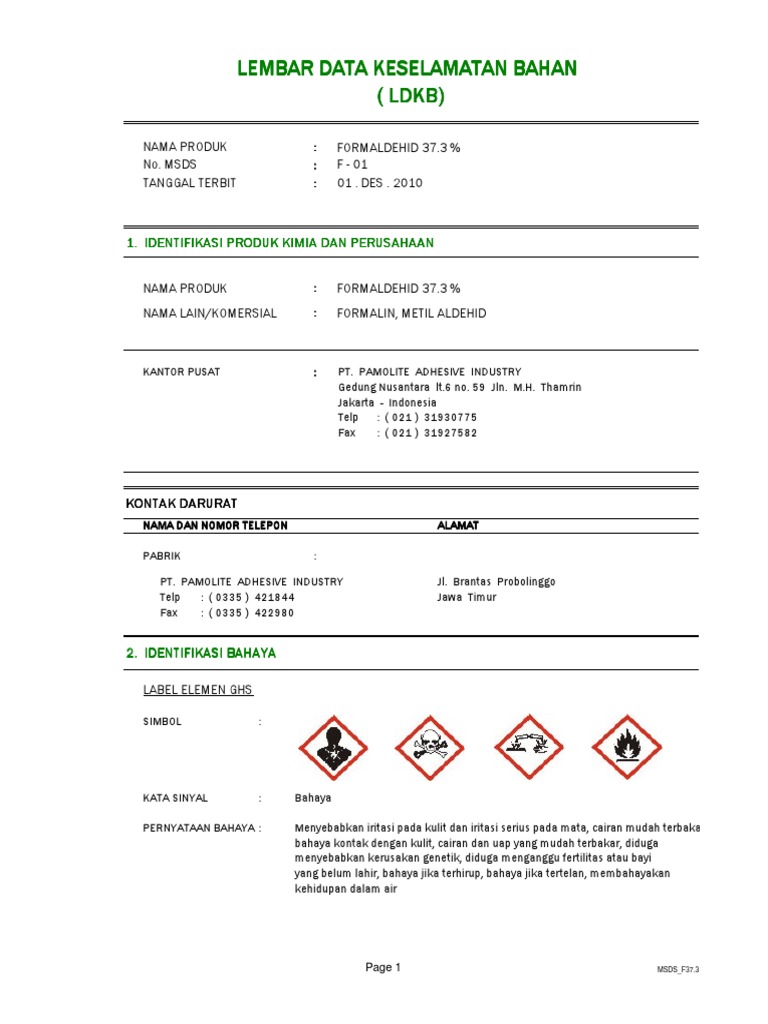 MSDS Formaldehid 37.3% PT. Pamolite | PDF