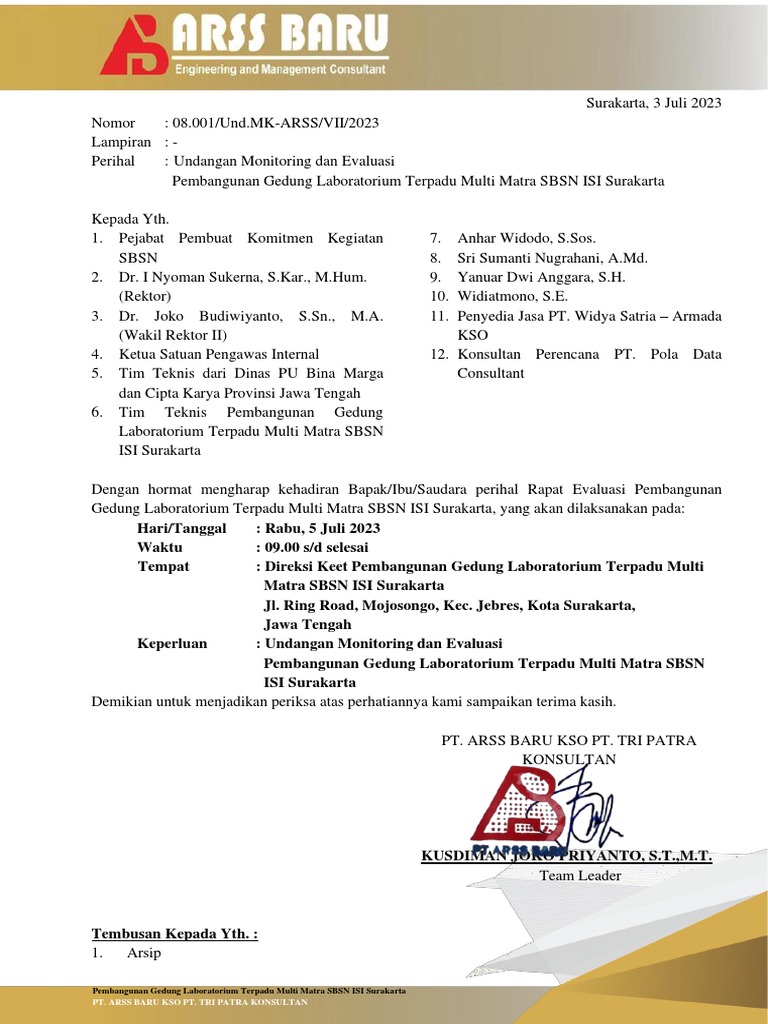 Undangan Rapat Evaluasi 3 Juli 2023 Pembangunan Laboratorium Terpadu Multi Matra SBSN ISI ...