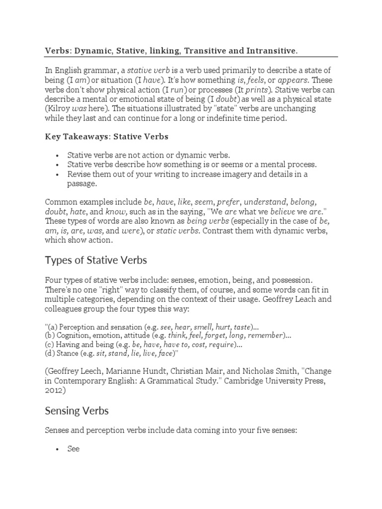 Dynamic and Stative Verbs | PDF | Verb | Subject (Grammar)