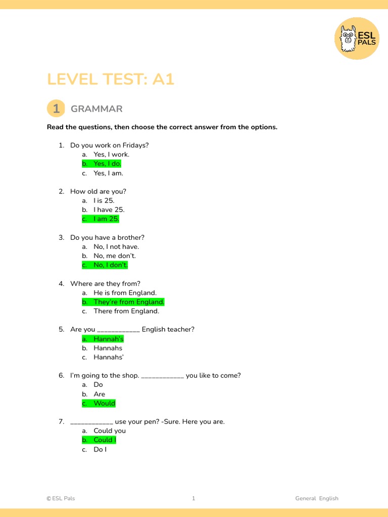 A1 - Level Test | PDF