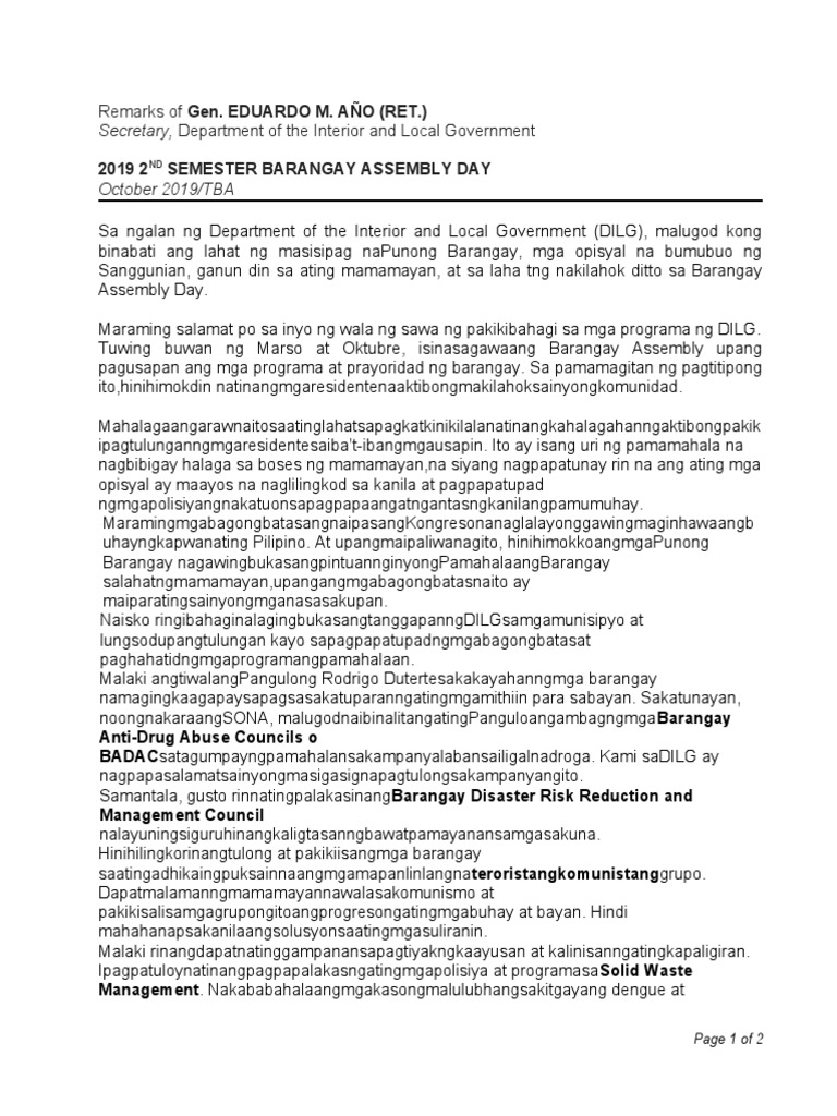 SILG Remarks @ 2019 2ND SEMESTER BARANGAY ASSEMBLY DAY Oct19 | PDF