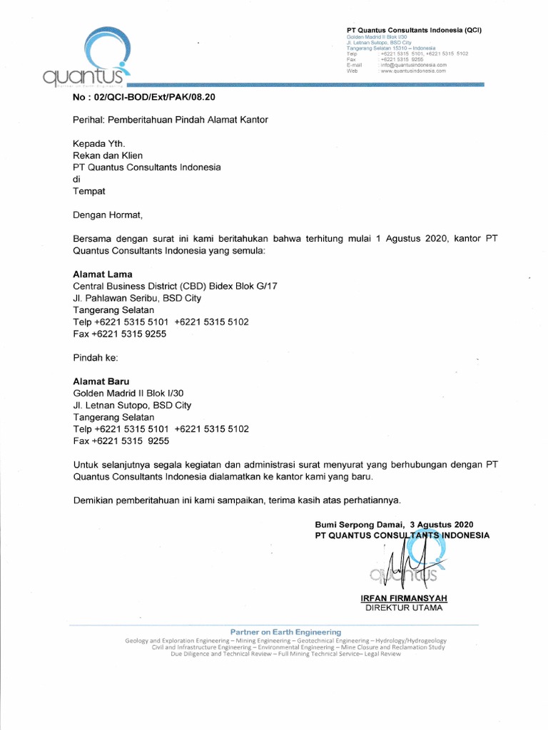 Surat Pemberitahuan Pindah Alamat Kantor - QCI | PDF
