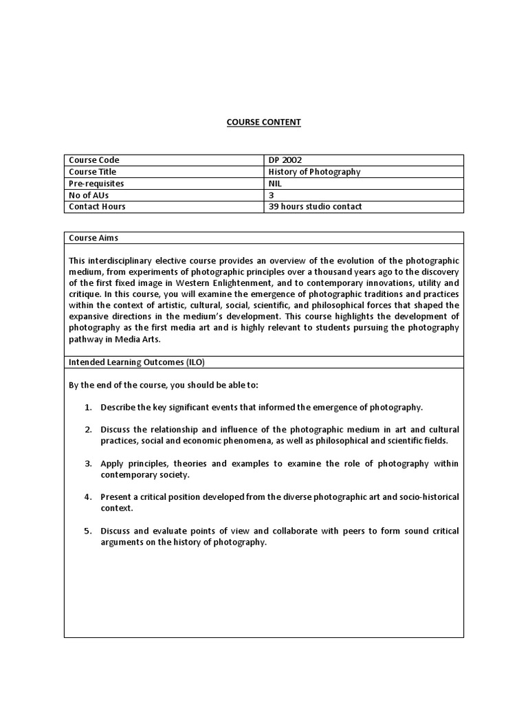 1) DP2002 History of Photography Module Guide AY22-23 | PDF | Academic ...