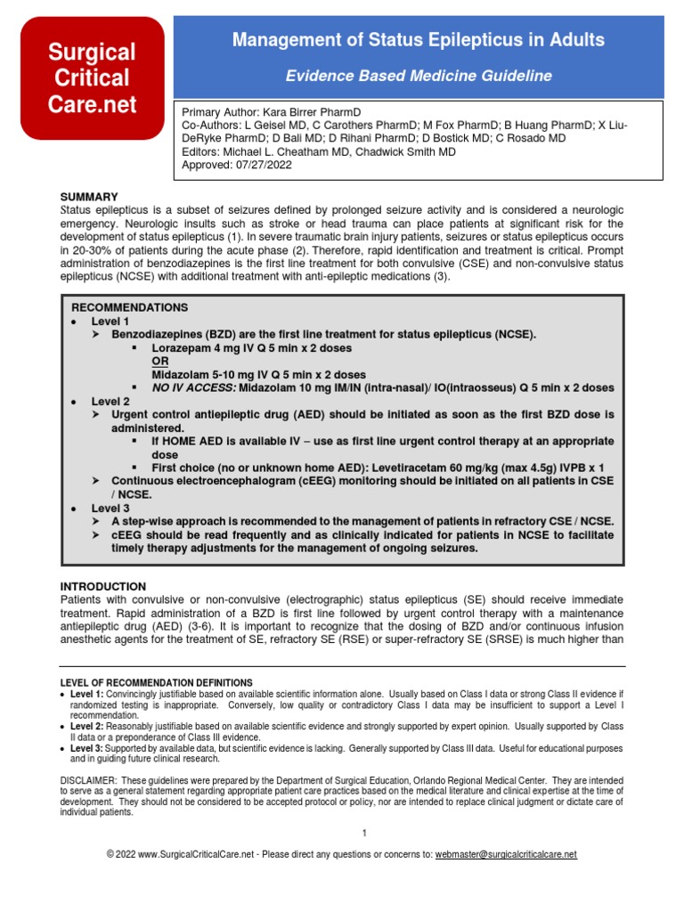 Management of Status Epilepticus 2022 | PDF | Midazolam | Benzodiazepine