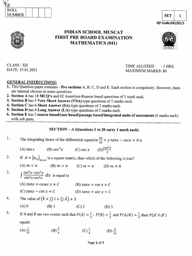 Xii_mathematics First Pre Board 2022 | PDF