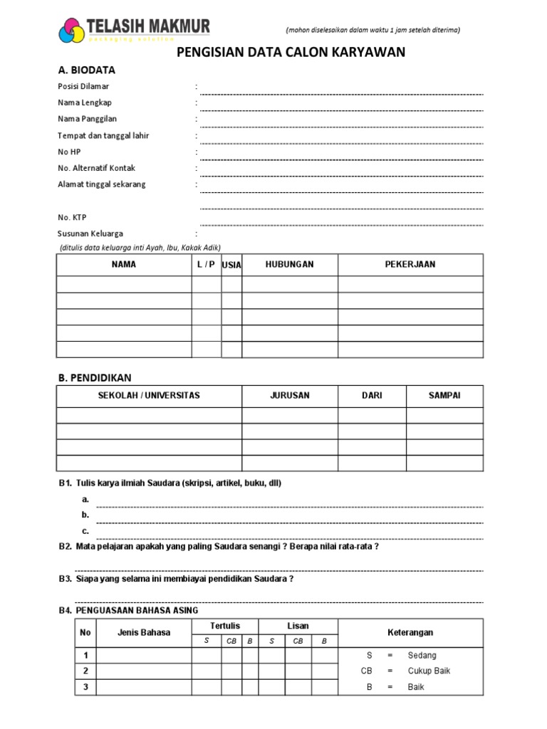 Form Data Calon Karyawan | PDF