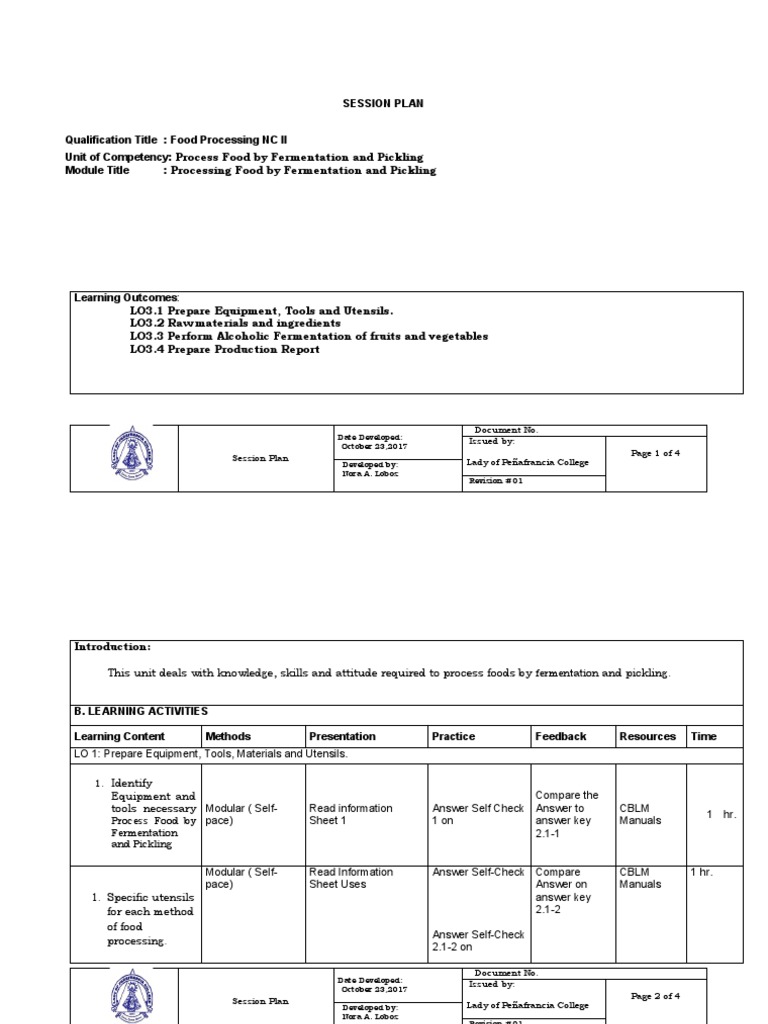SESSION PLAN Chell Fermenting | Download Free PDF | Pickling | Behavior Modification