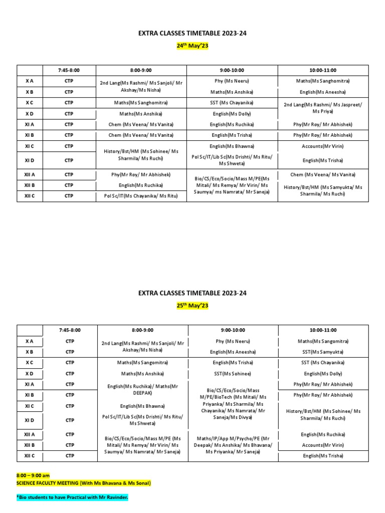 Extra Classes Timetable 2023-24 | PDF