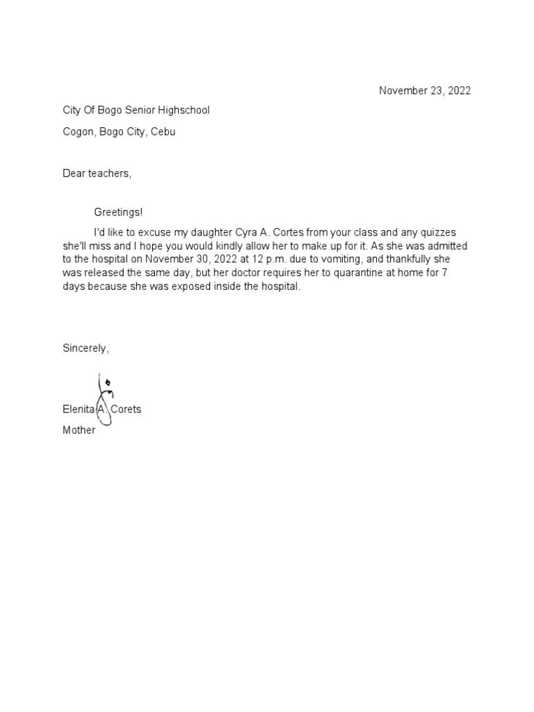 Excuse Letter For Being Sick | PDF