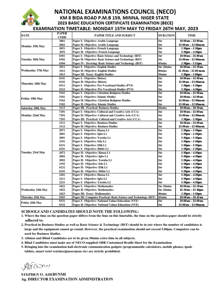 2023 Bece Timetable | PDF | Nigeria