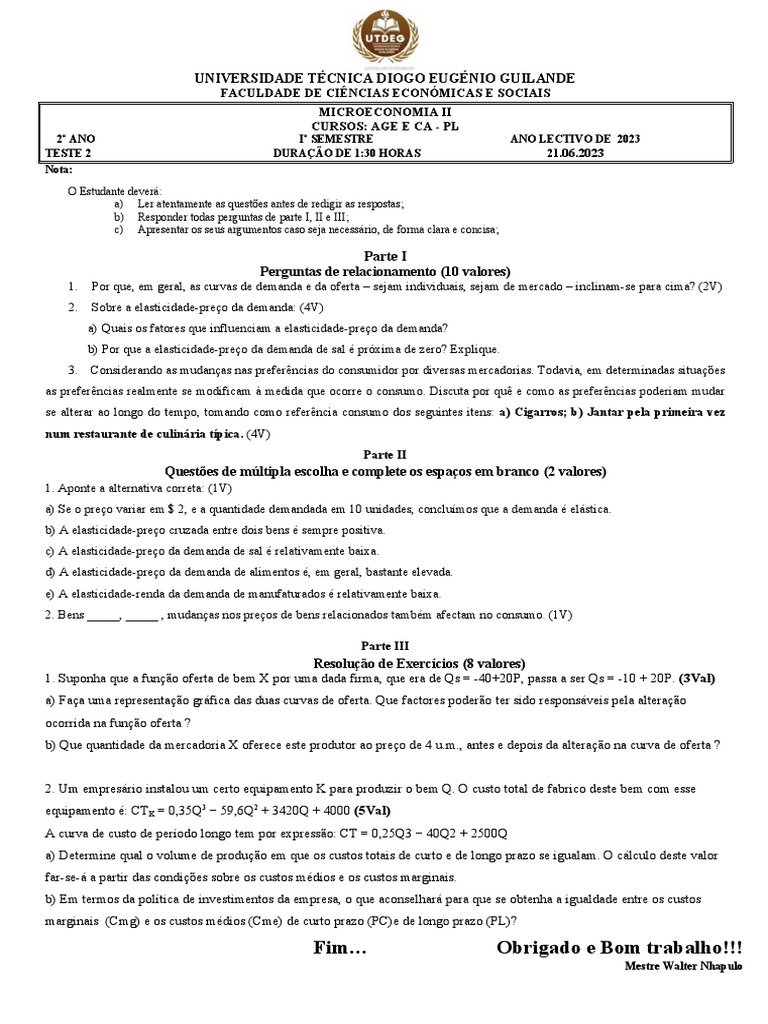 Teste 2 Age, Ca - Plab 2023 21.06 | PDF | Demanda | Oferta (economia)
