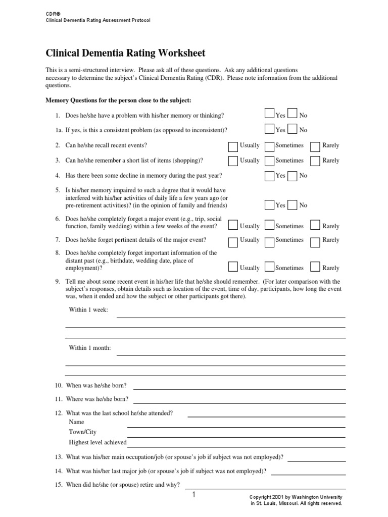 cLINICAL dEMENTIA rATING WORKSHEET | PDF | Dementia | Memory