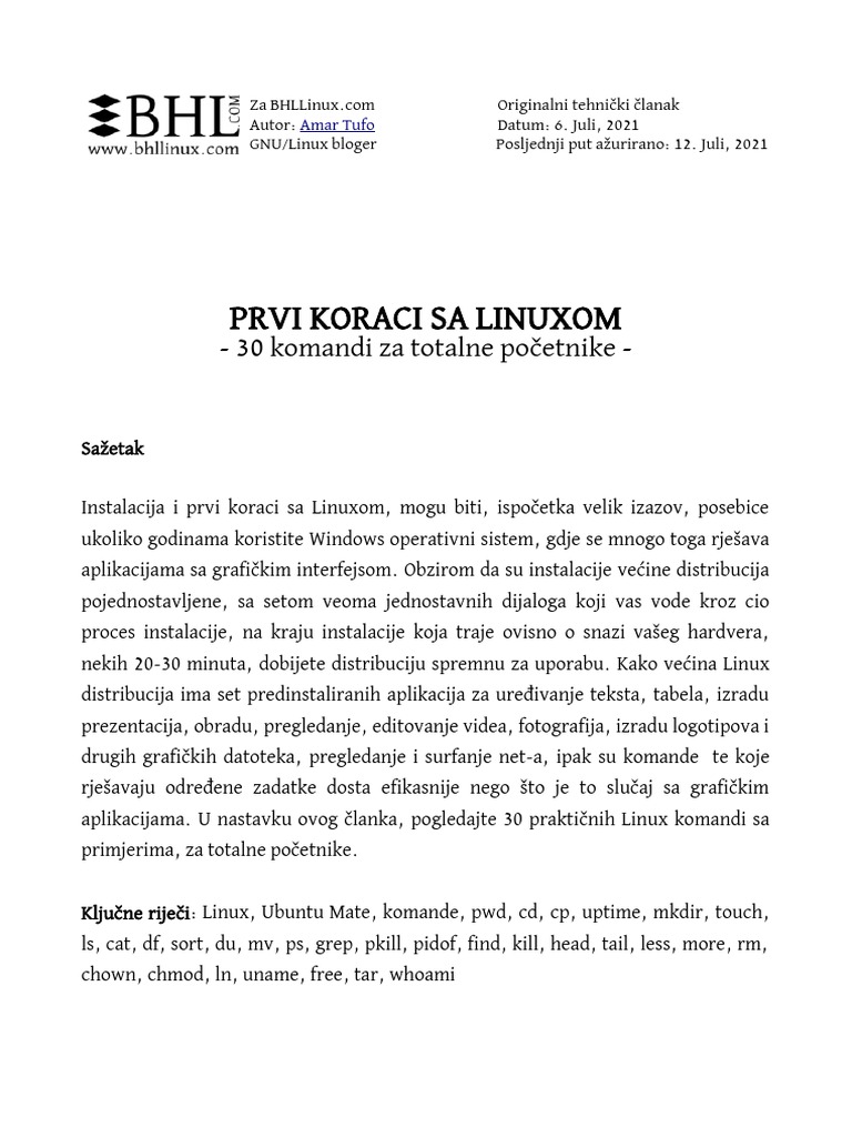 Prvi Koraci Sa Linuxom 30 Prakticnih Kom | PDF