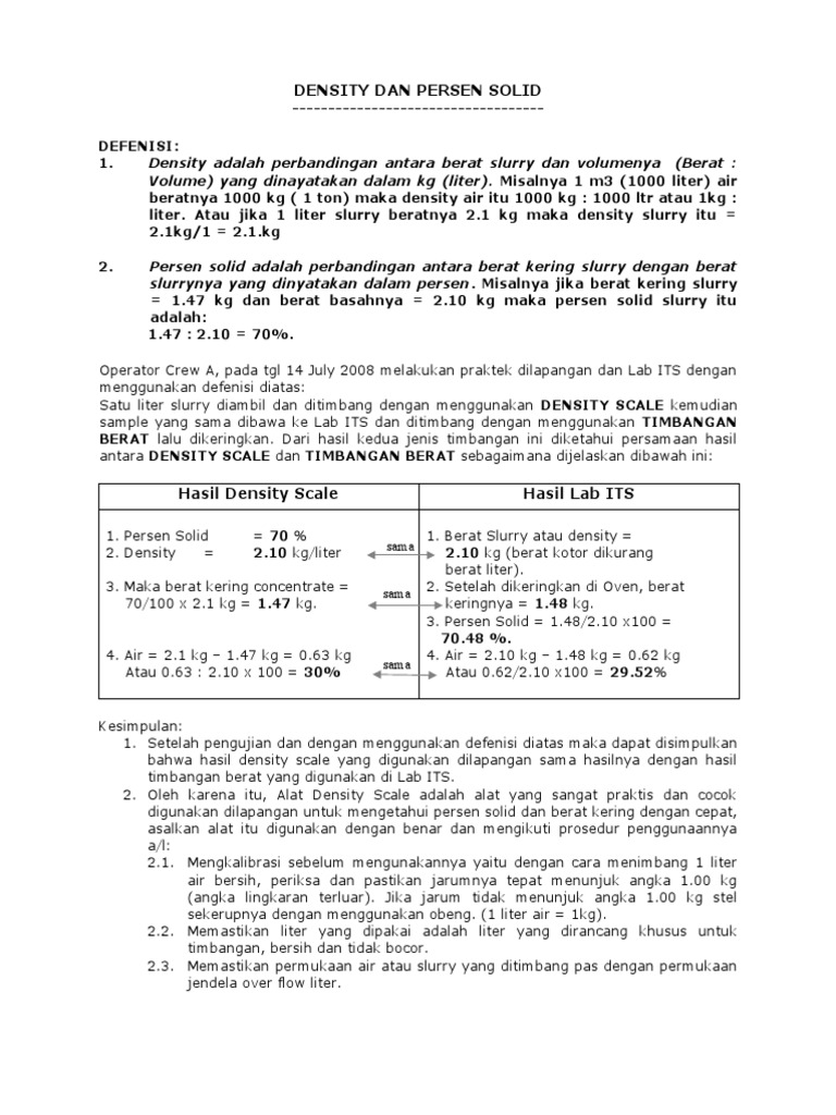 Pengukuran Density dan Persen Solid Slurry | PDF
